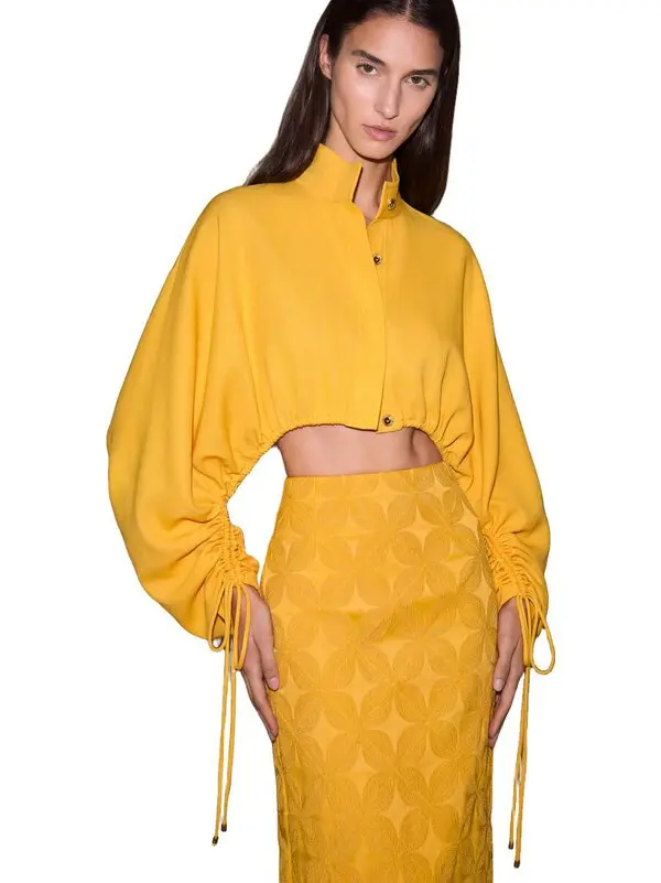 Alexis Caro Leather Cropped Shirt With Drawstring Sleeves - Yellow