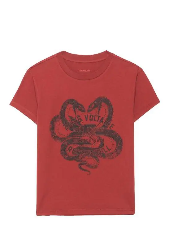 Zadig&Voltaire Walk Cotton T-shirt With Snake Print And Rhinestones - Cherry