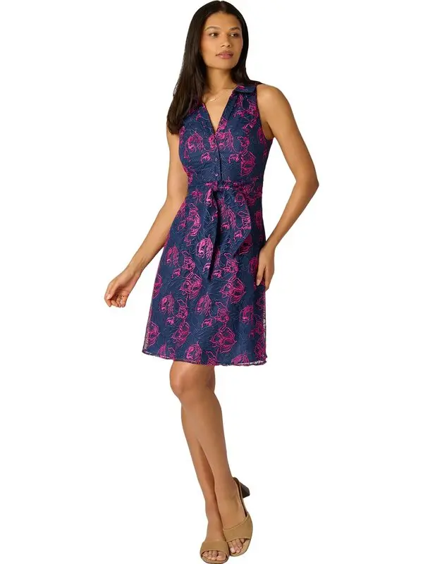 Adrianna Papell Floral Embroidered Tie Front Short Dress - Navy/pink Multi