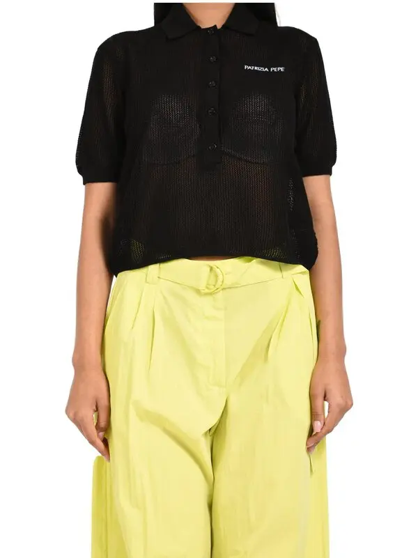 Patrizia Pepe Cropped Mesh-knit Polo Shirt - Black