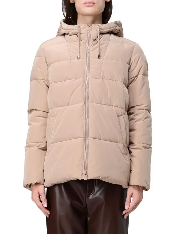Pinko Eleodoro Cropped Quilted Nylon Puffer Jacket With Hood And Logo - Beige