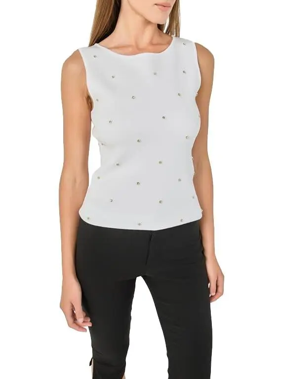Endless Rose Jewel Embellished Sleeveless Knit Top - White