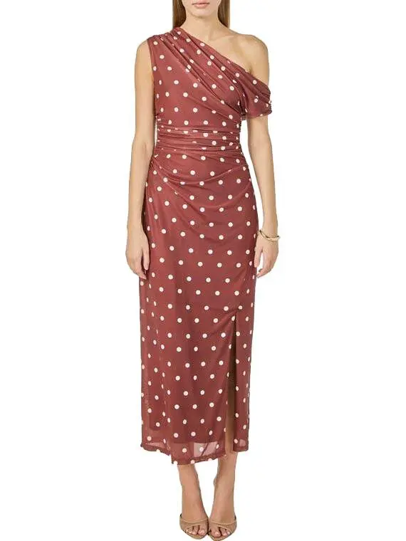 Endless Rose One-shoulder Ruched Polka Dot Mesh Maxi Dress - Brown/ivory