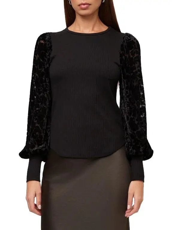 Fifteen Twenty Burnout Bishop-sleeved Ribbed Top - Black