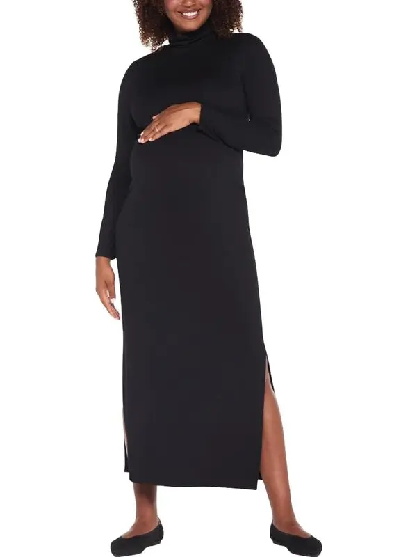 Motherhood Maternity Turtleneck Long Sleeve Knit Maxi Dress With Slit - Black