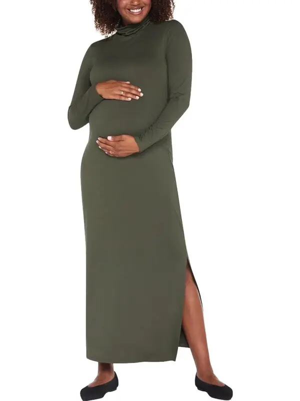 Motherhood Maternity Turtleneck Long Sleeve Knit Maxi Dress With Slit - Deep Depths