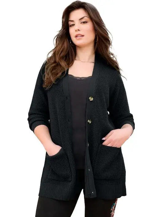 Roaman's Waffle Knit Button Front Cardigan - Black
