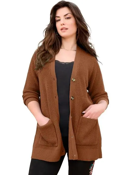 Roaman's Waffle Knit Button Front Cardigan - Cognac