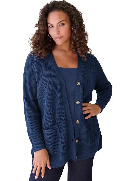 Roaman's Waffle Knit Button Front Cardigan - Navy