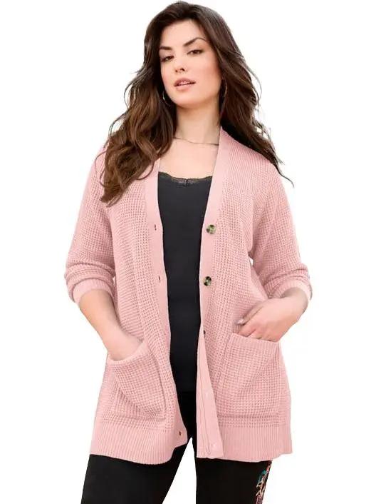 Roaman's Waffle Knit Button Front Cardigan - Soft Blush