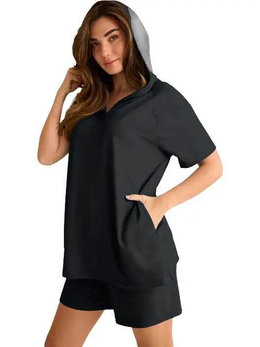 Roaman's Comfort+ Fleece V-neck Hooded Sweatshirt - Black