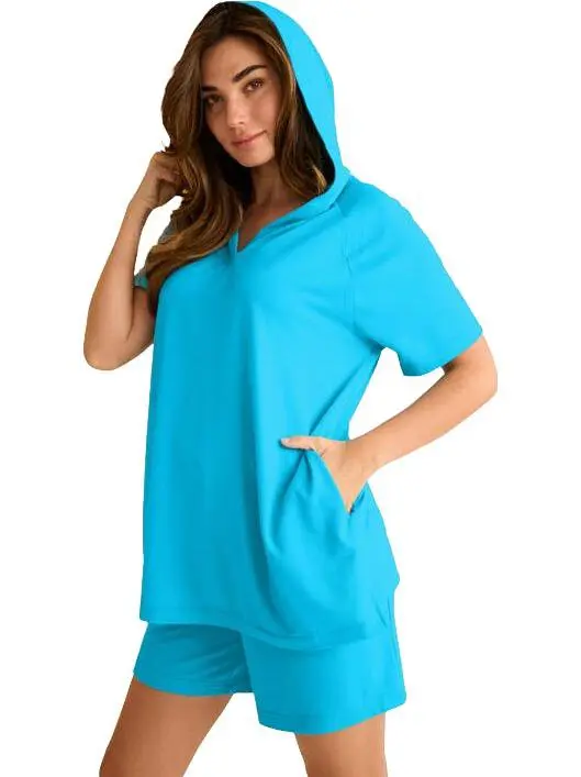 Roaman's Comfort+ Fleece V-neck Hooded Sweatshirt - Ocean
