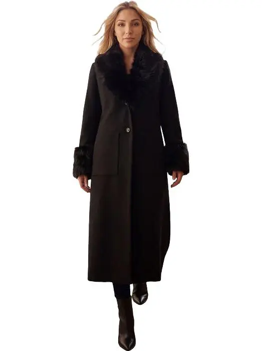 Roaman's Wool Blend Coat With Faux Fur Trim - Black