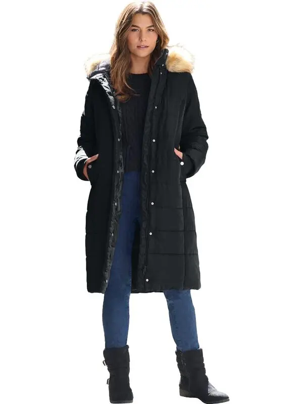 Roaman's Quilted Puffer Coat With Detachable Faux Fur Hood - Black