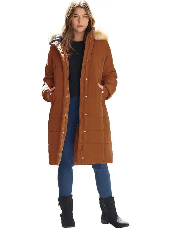 Roaman's Quilted Puffer Coat With Detachable Faux Fur Hood - Cognac