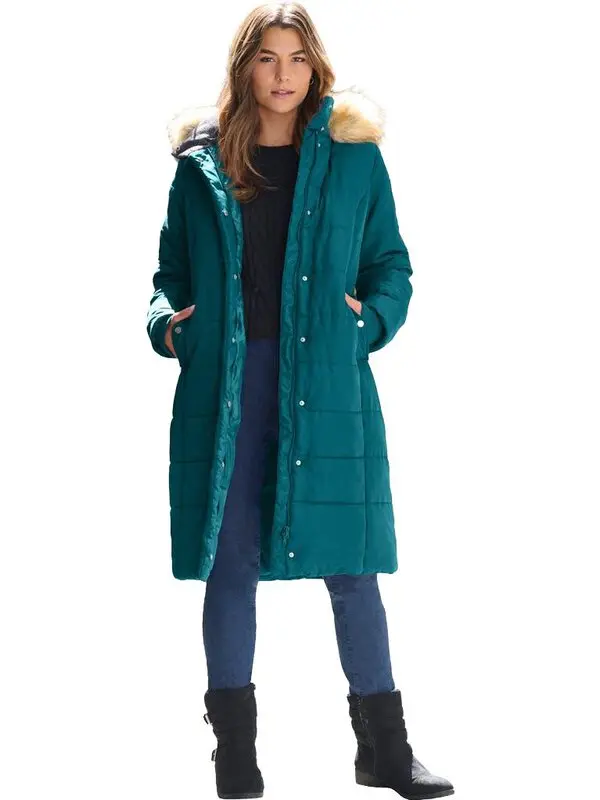 Roaman's Quilted Puffer Coat With Detachable Faux Fur Hood - Deep Lagoon