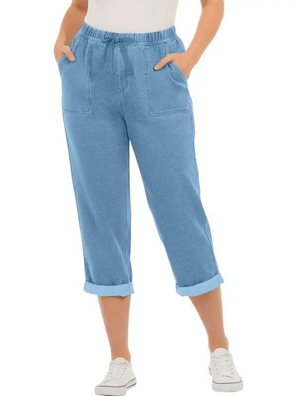Roaman's Knit Denim Pull-on Capri Jeans With Cuffed Hem - Light Stonewash