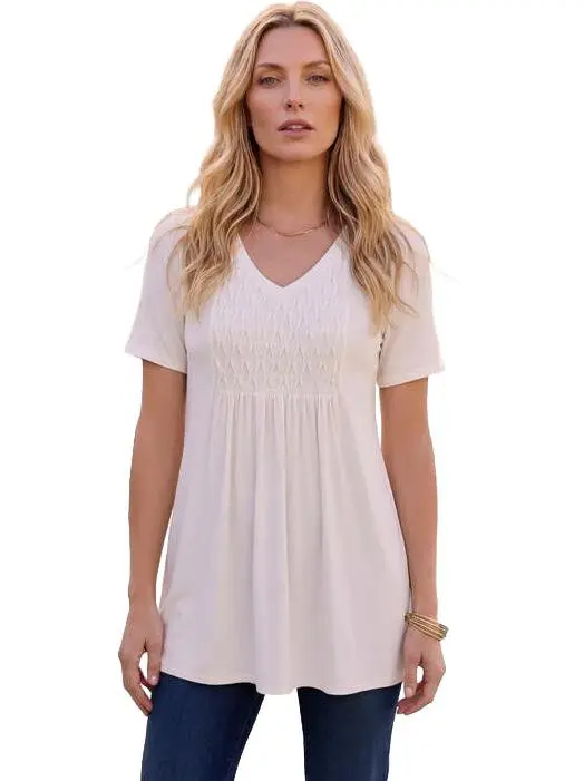 Roaman's V-neck Smocked Yoke A-line Tunic - Ivory
