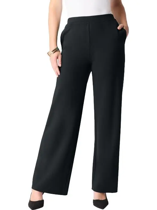 Roaman's Ponte Wide Leg Pull-on Pants With Pockets - Black