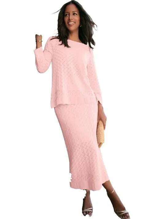 Roaman's Pointelle Knit Midi Skirt With Scalloped Hem - Soft Blush