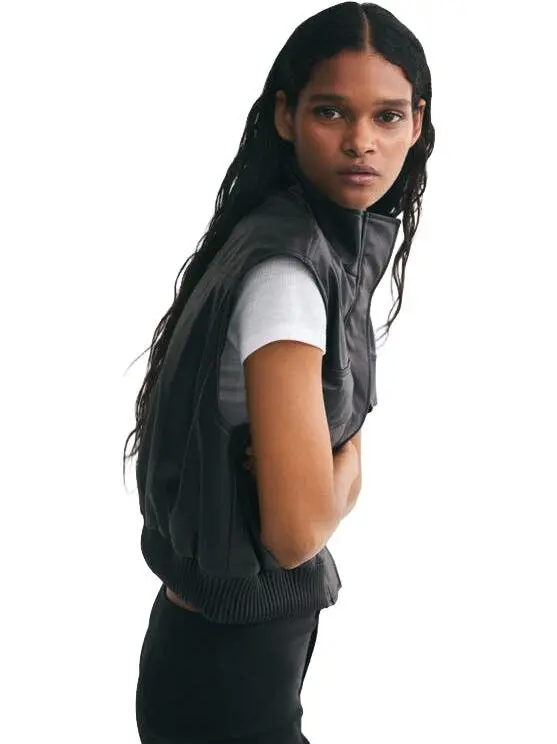 H&M Oversized Coated Vest With Stand Collar And Patch Pockets - Black