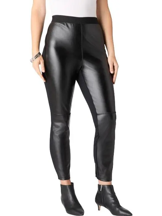 Roaman's Faux Leather Paneled Leggings - Black