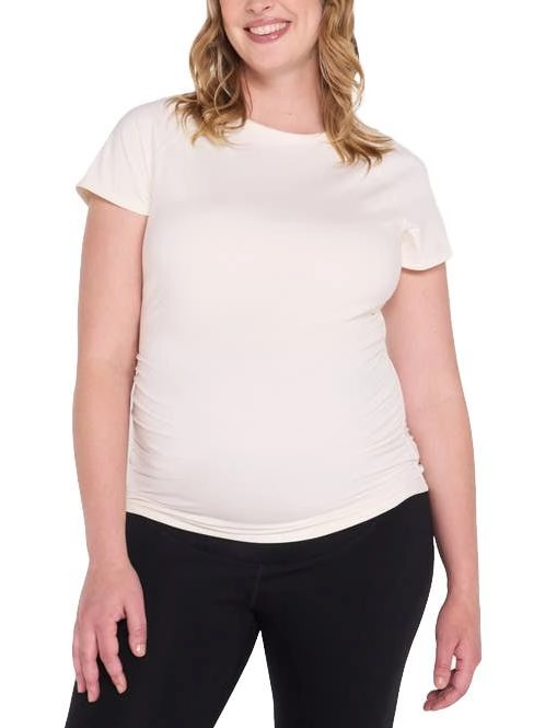 Motherhood Maternity Crewneck Short Sleeve Active Tee With Side Ruching - Vanilla Ice