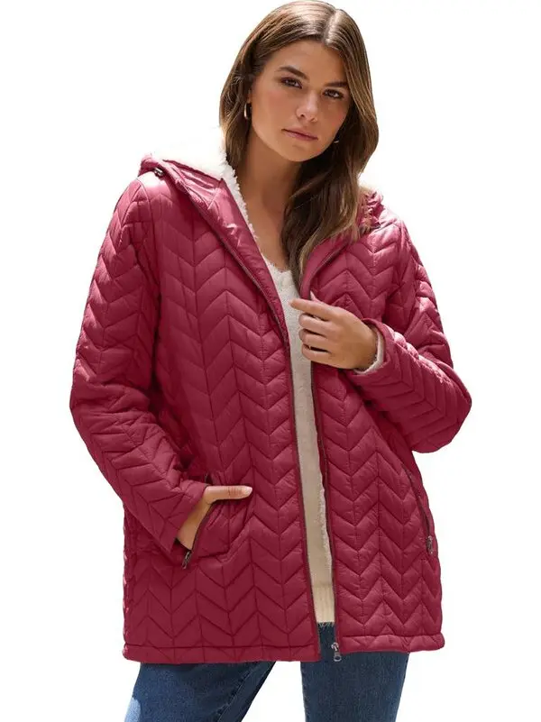 Roaman's Fleece Lined Quilted Jacket - Dark Cherry