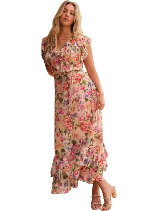 Roaman's Chiffon Wrap Maxi Dress With Ruffled Details - Blush Multi
