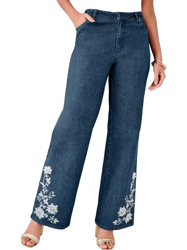 Roaman's Embellished Wide Leg Jeans - Blue