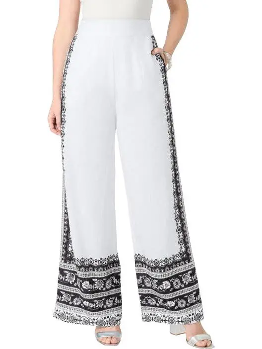 Roaman's Printed Wide Leg Pants With Contrast Border Detail - White Vine Border