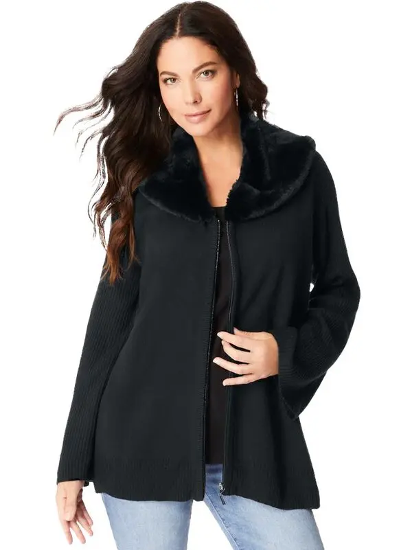 Roaman's Faux Fur Collar Zip-up Cardigan Sweater - Black