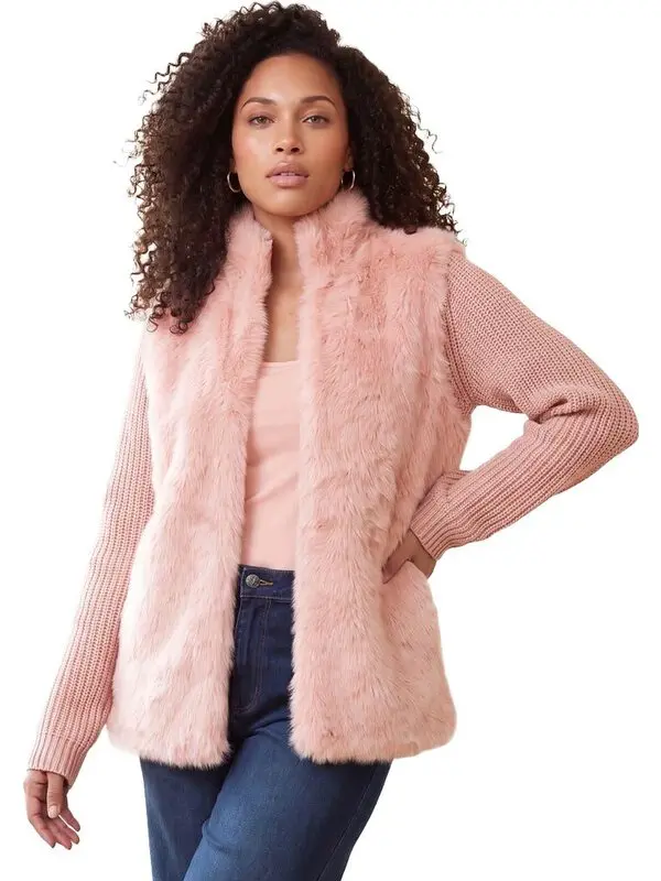 Roaman's Faux Fur Collar Zip-up Cardigan Sweater - Soft Blush