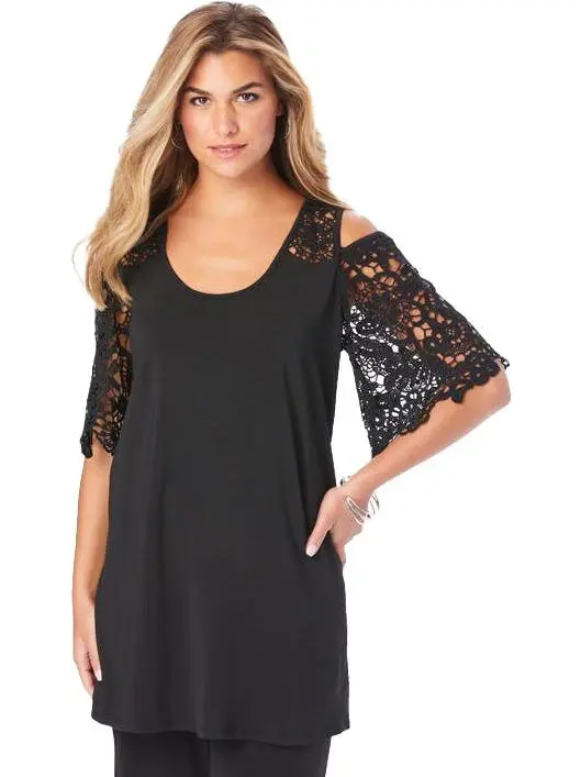 Roaman's Cold Shoulder Ultrasmooth Fabric Tunic With Lace Trim - Black