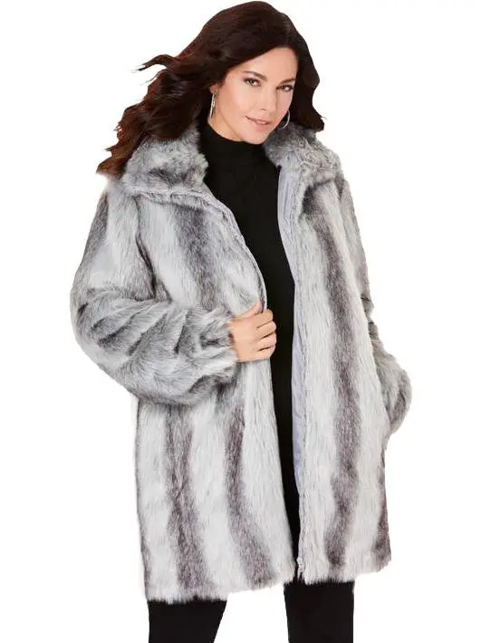 Roaman's Mid Length Hooded Faux Fur Coat - Chinchilla