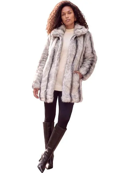 Roaman's Mid Length Hooded Faux Fur Coat - Chinchilla