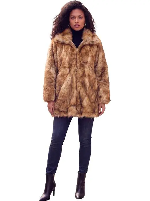 Roaman's Mid Length Hooded Faux Fur Coat - Fox
