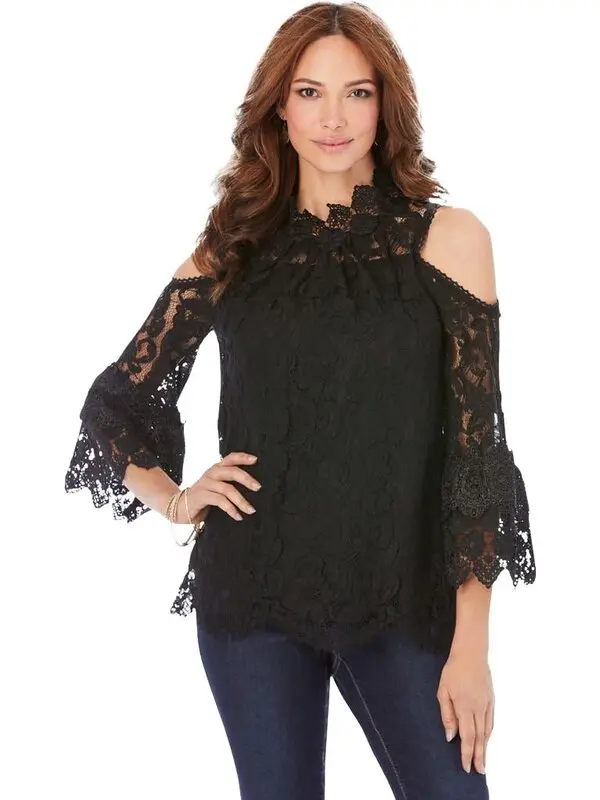 Roaman's Lace Cold Shoulder Top - Black