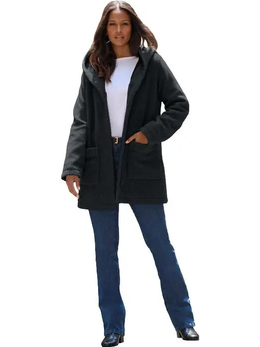 Roaman's Hooded Teddy Fleece Coat - Black