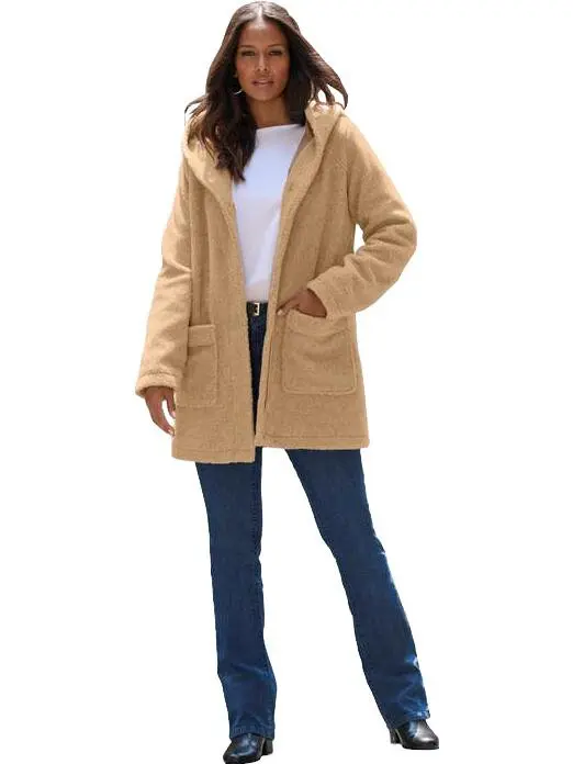 Roaman's Hooded Teddy Fleece Coat - Soft Camel