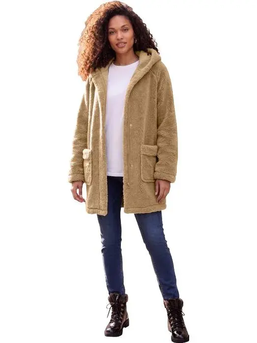 Roaman's Hooded Teddy Fleece Coat - Soft Camel