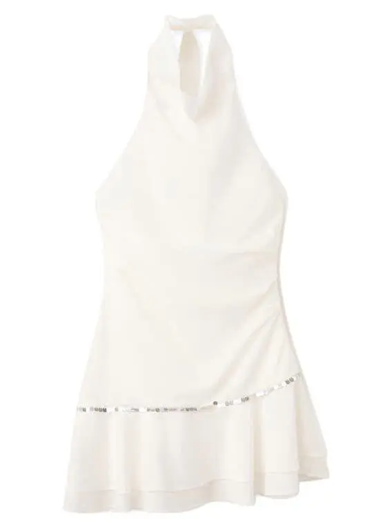 Mango Ruffled Halterneck Dress With Sequined Trim - White