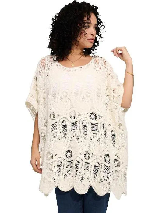 Roaman's Crochet Paisley Openwork Scoop Neck Poncho - Ivory