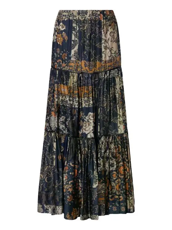 Liu Jo Floral Patchwork Tiered Midi Skirt - Black