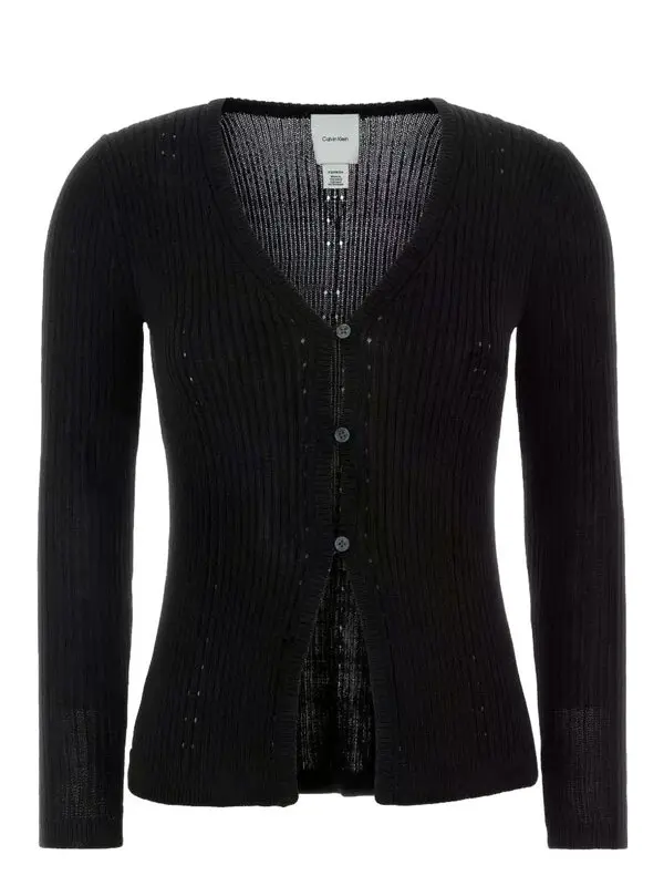 Calvin Klein Ribbed Knit V-neck Cardigan With Pointelle Details - Black