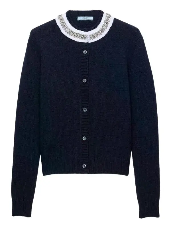 Prada Wool And Cashmere Cardigan With Embellished Collar - Blue