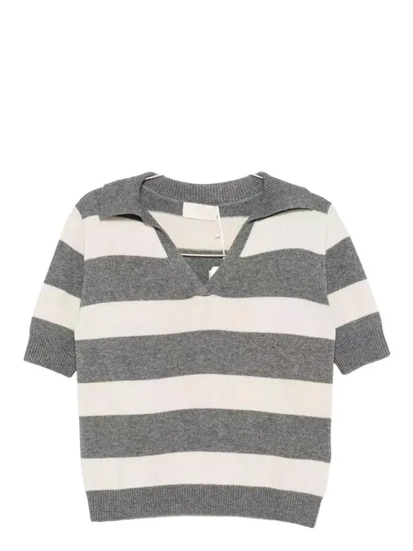I BLUES Striped Knit V-neck Polo Top - Grey