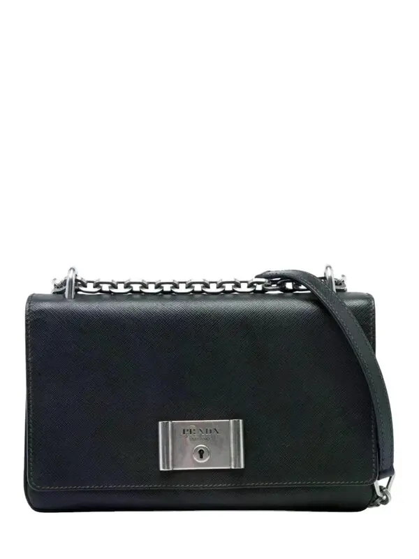 Prada Saffiano Lux Lock Chain Flap Crossbody Bag - Black