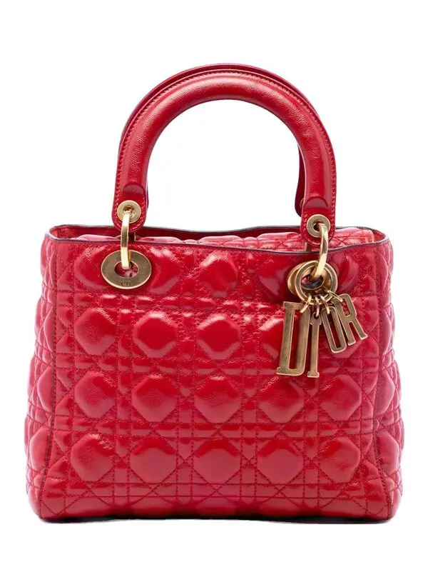 Dior 2018 Medium Crinkled Patent Cannage Supple Lady Satchel - Red
