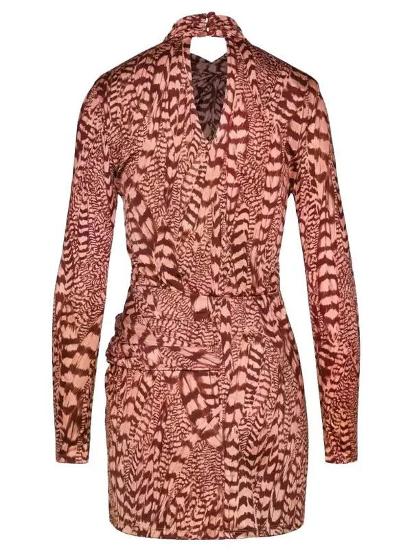 Johanna Ortiz Burgundy Feather Print Twisted Neck Long Sleeve Mini Dress - Red